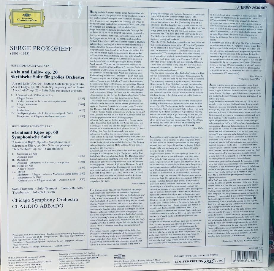 CLAUDIO ABBADO - SERGE PROKOFIEFF Kije Suite/Scythian Suite VINYL MADE ...